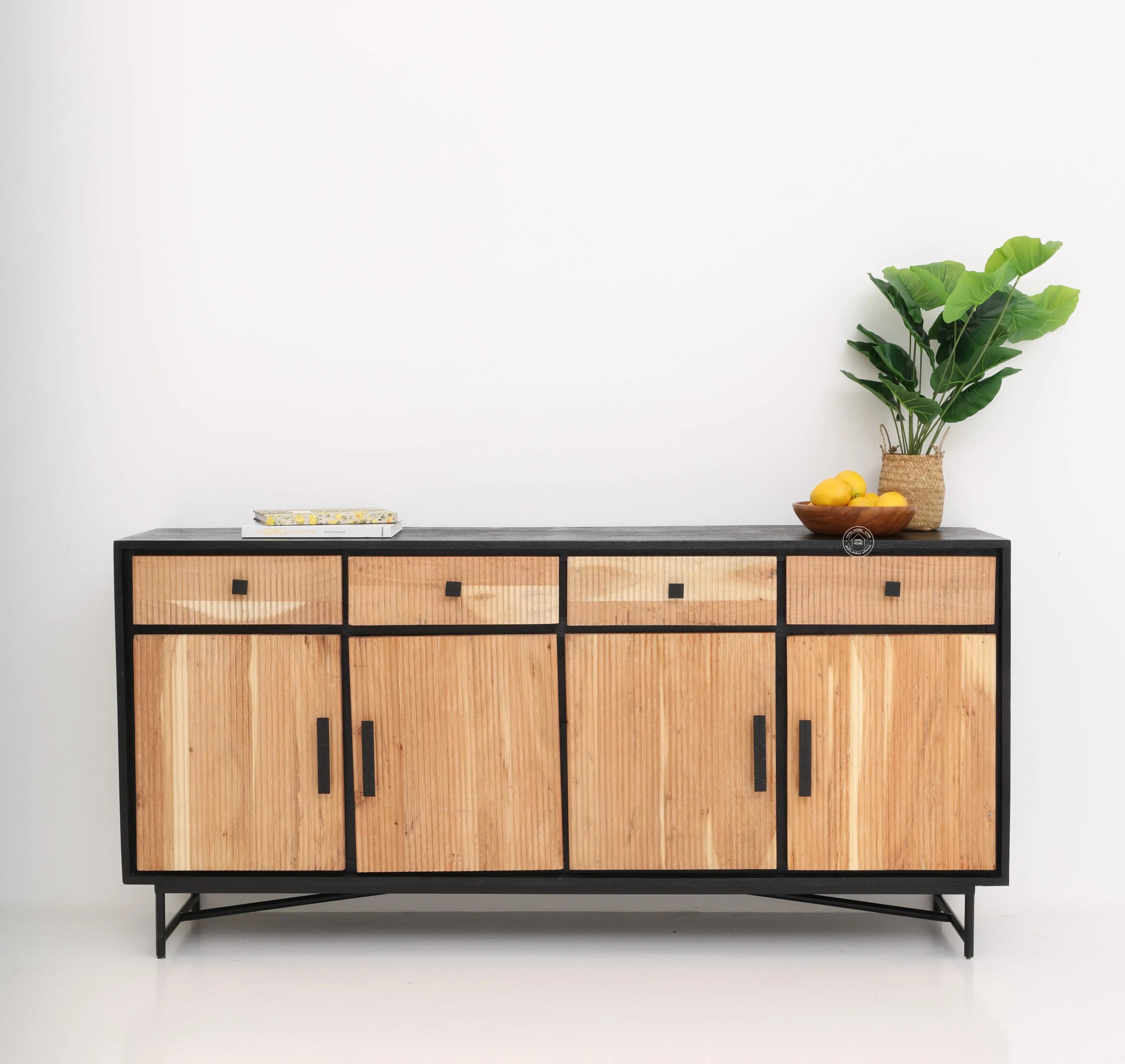 Milen Classic Sideboard – 4 Doors, Solid Acacia Wood, Black Finish ...